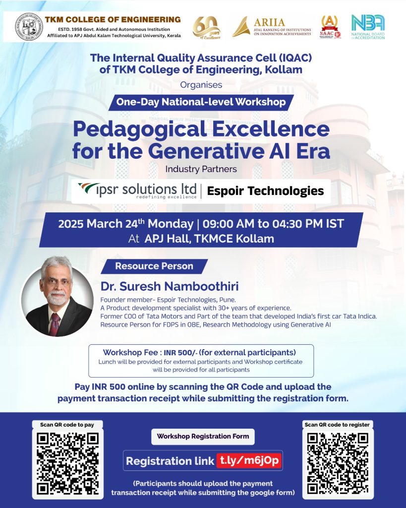 One-day National-level Workshop on Pedagogical Excellence for the Generative AI Era, TKM College ...